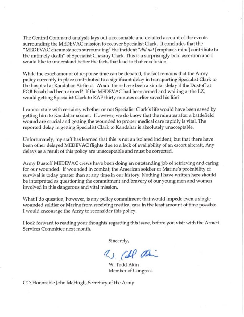 Congressman Akin MEDEVAC Letter to SecDef - Michael Yon
